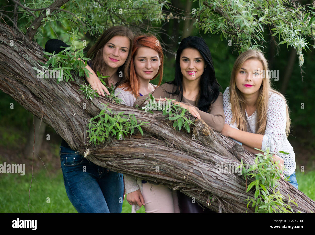 four young beautiful ladies posing in the park with colorful sunglasses ...
