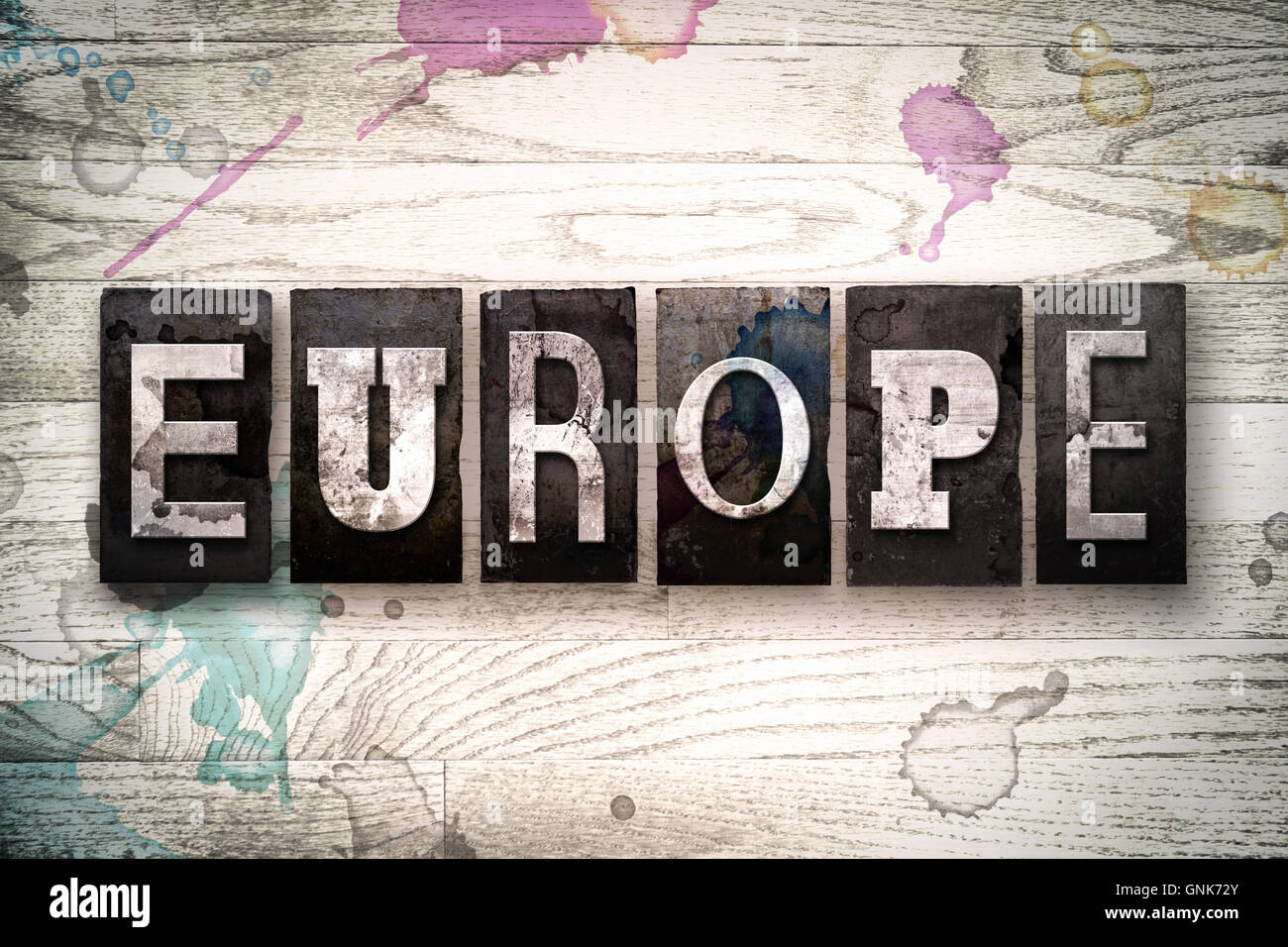 The word "EUROPE" written in vintage, dirty metal letterpress type on a ...