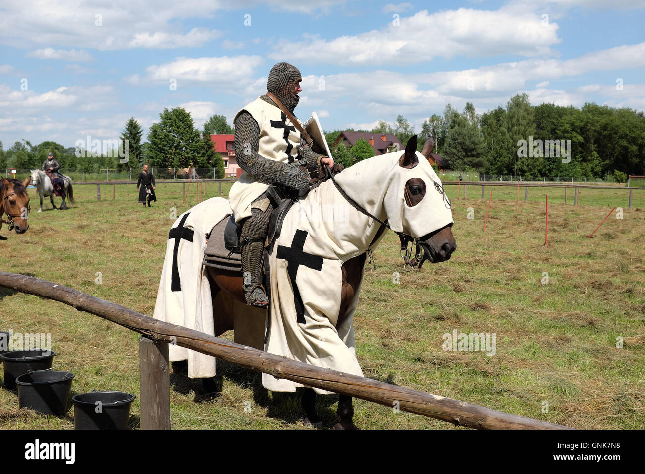 Knights on horse fighting. Medieval festival in Carpatian Troy ...