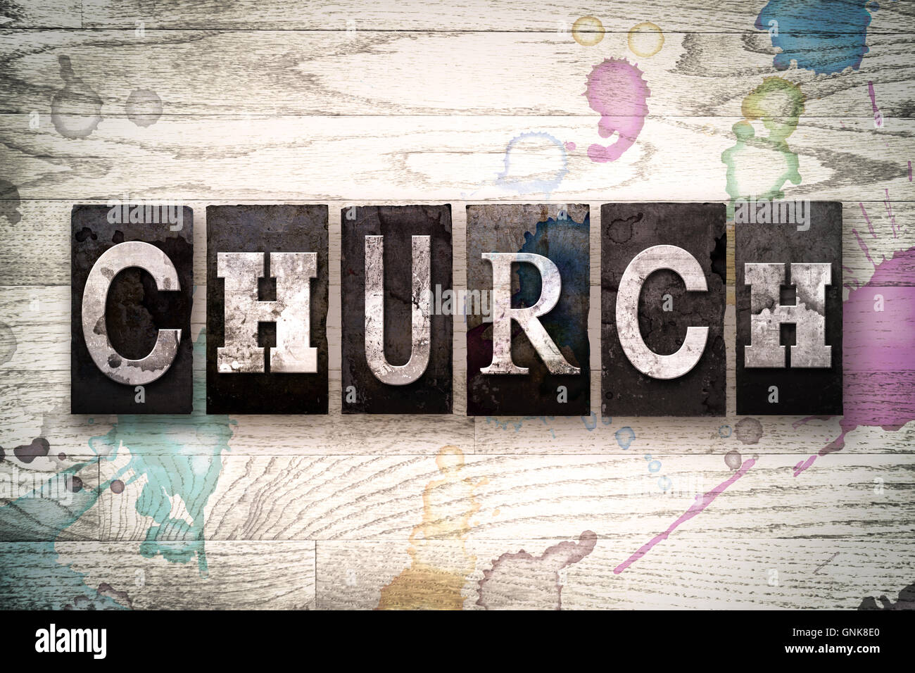 The word "CHURCH" written in vintage, dirty metal letterpress type on a ...