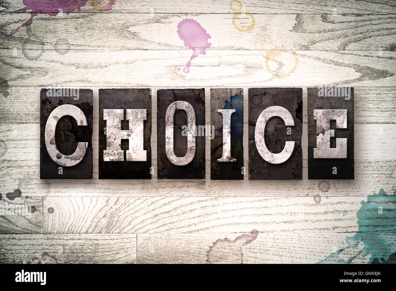 The word "CHOICE" written in vintage, dirty metal letterpress type on a ...