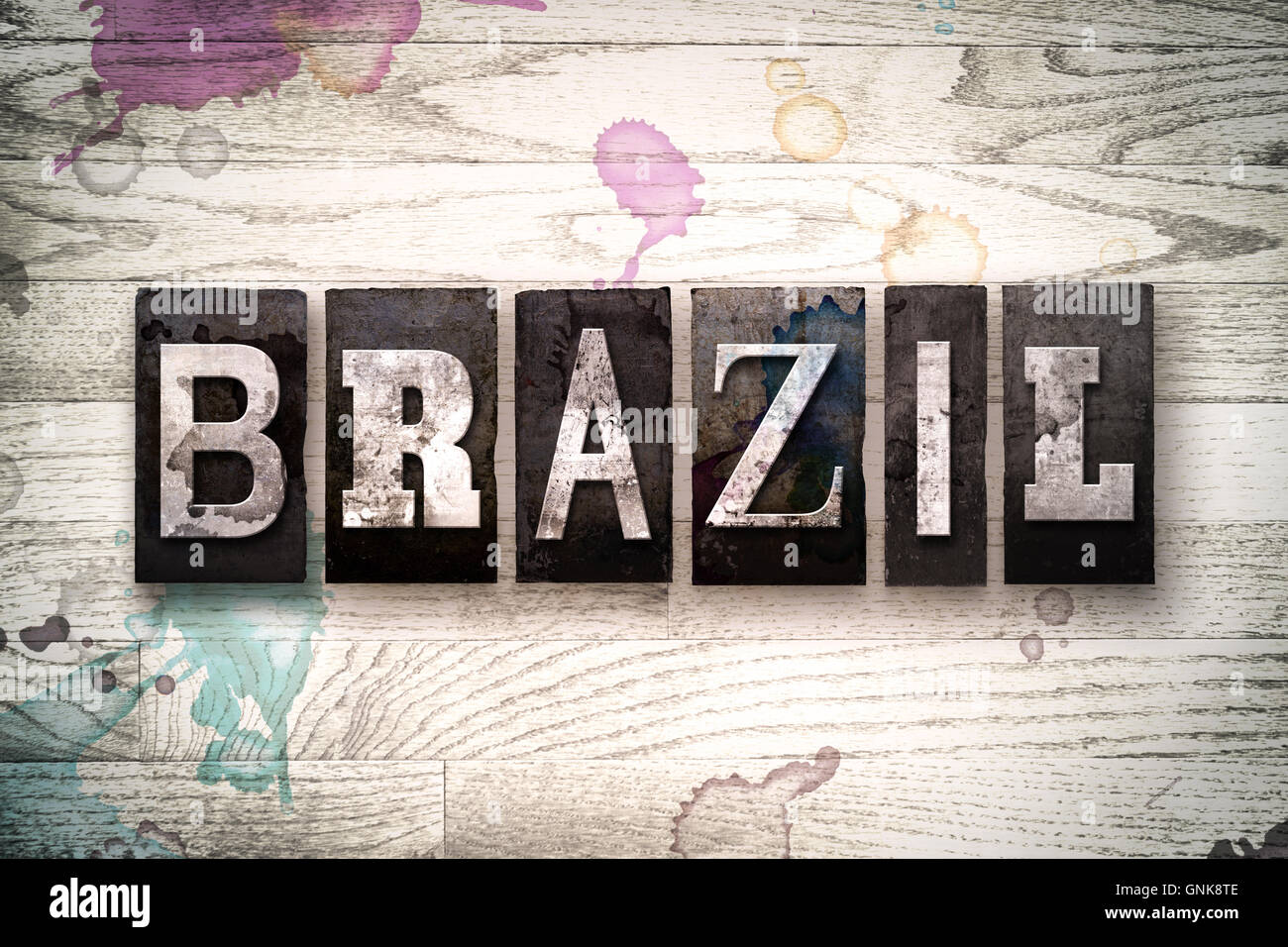 The word "BRAZIL" written in vintage, dirty metal letterpress type on a ...