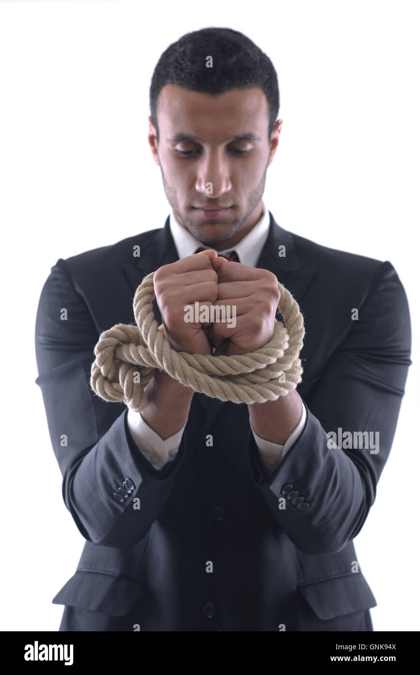 business man with rope isolated on white background Stock Photo - Alamy