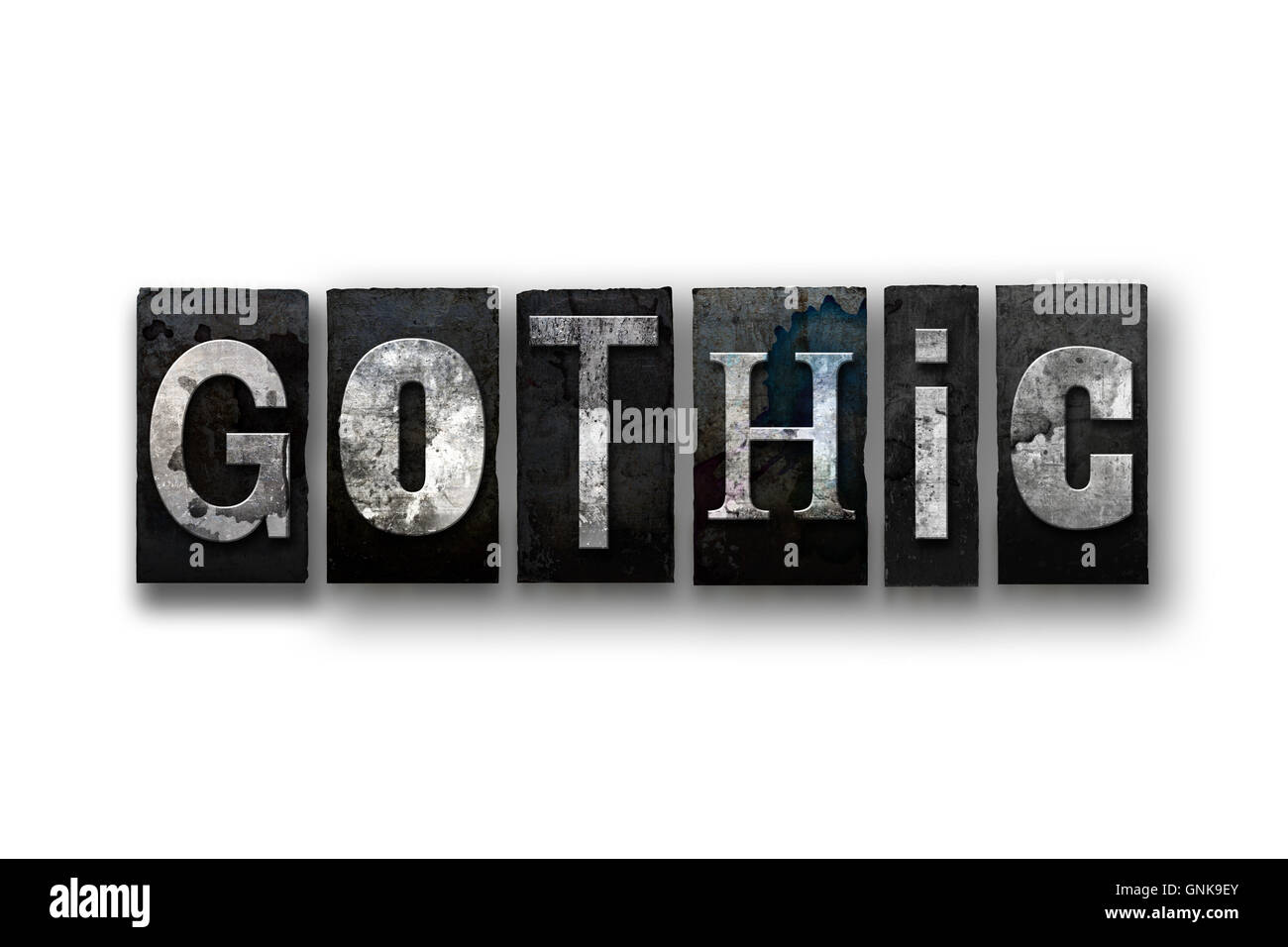 The word "GOTHIC" written in vintage, dirty, ink stained letterpress ...