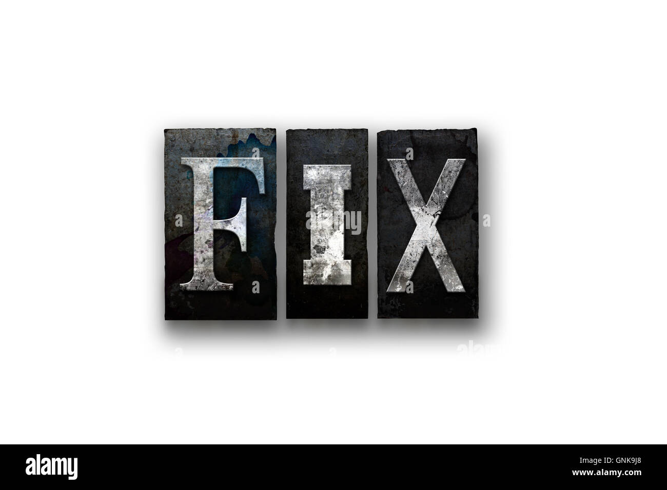 The word "Fix" written in vintage, dirty, ink stained letterpress type ...