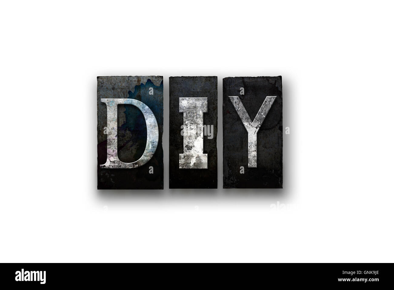 The word "DIY" written in vintage, dirty, ink stained letterpress type ...