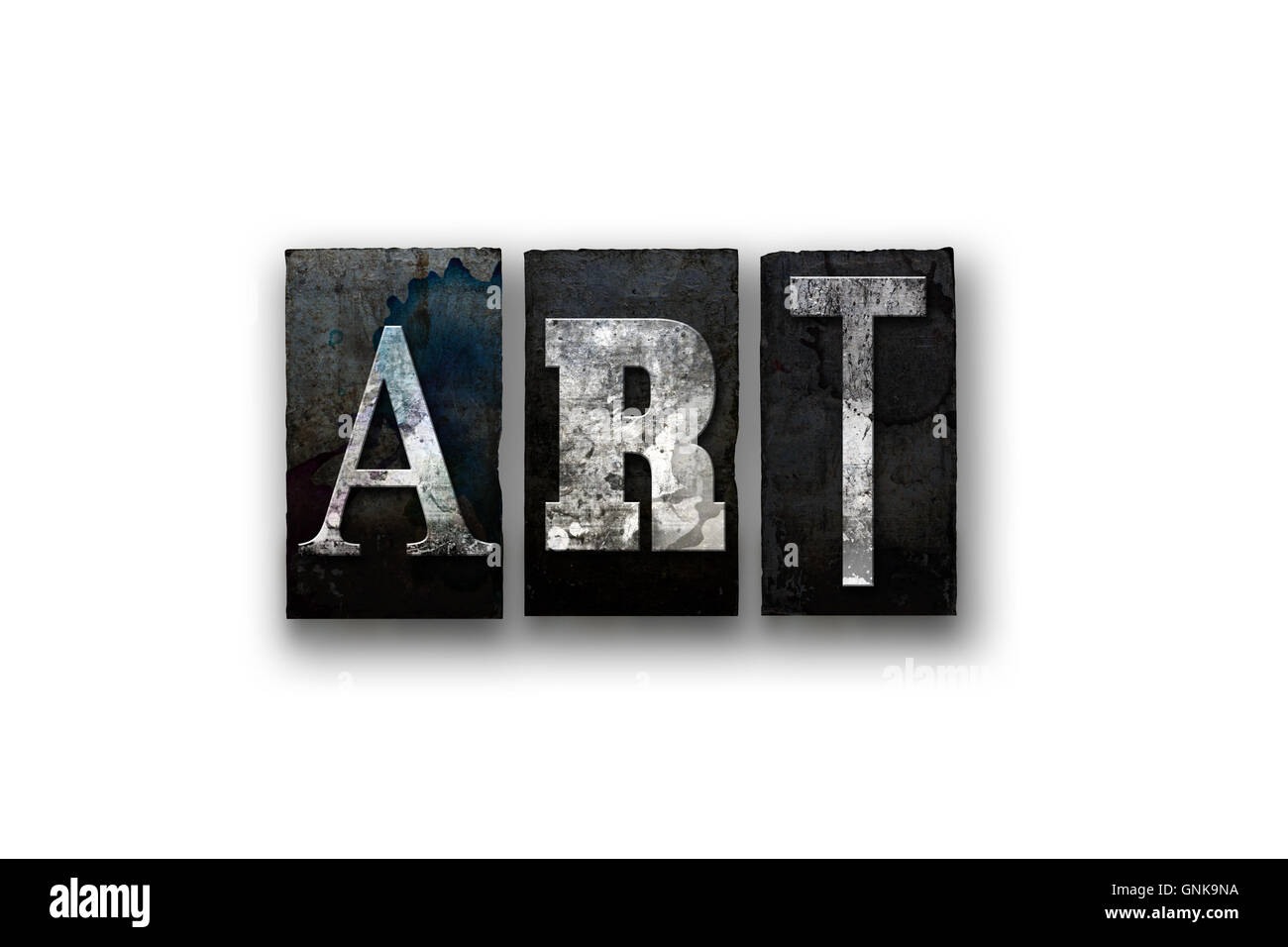 The word "ART" written in vintage, dirty, ink stained letterpress type ...