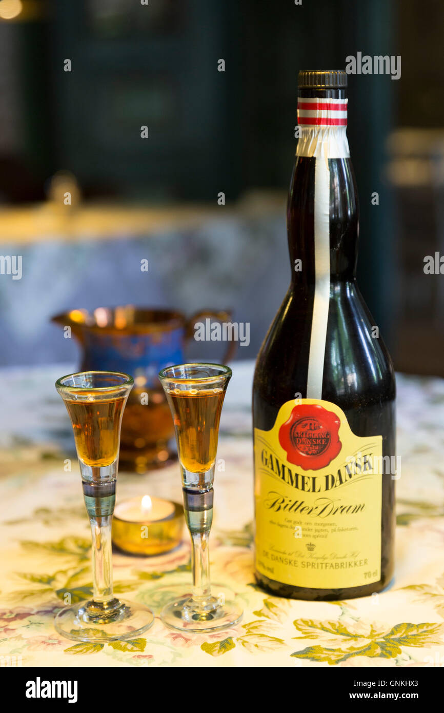 Gammel Dansk bitter dram in shot glass at Sonderho Kro Hotel and ...