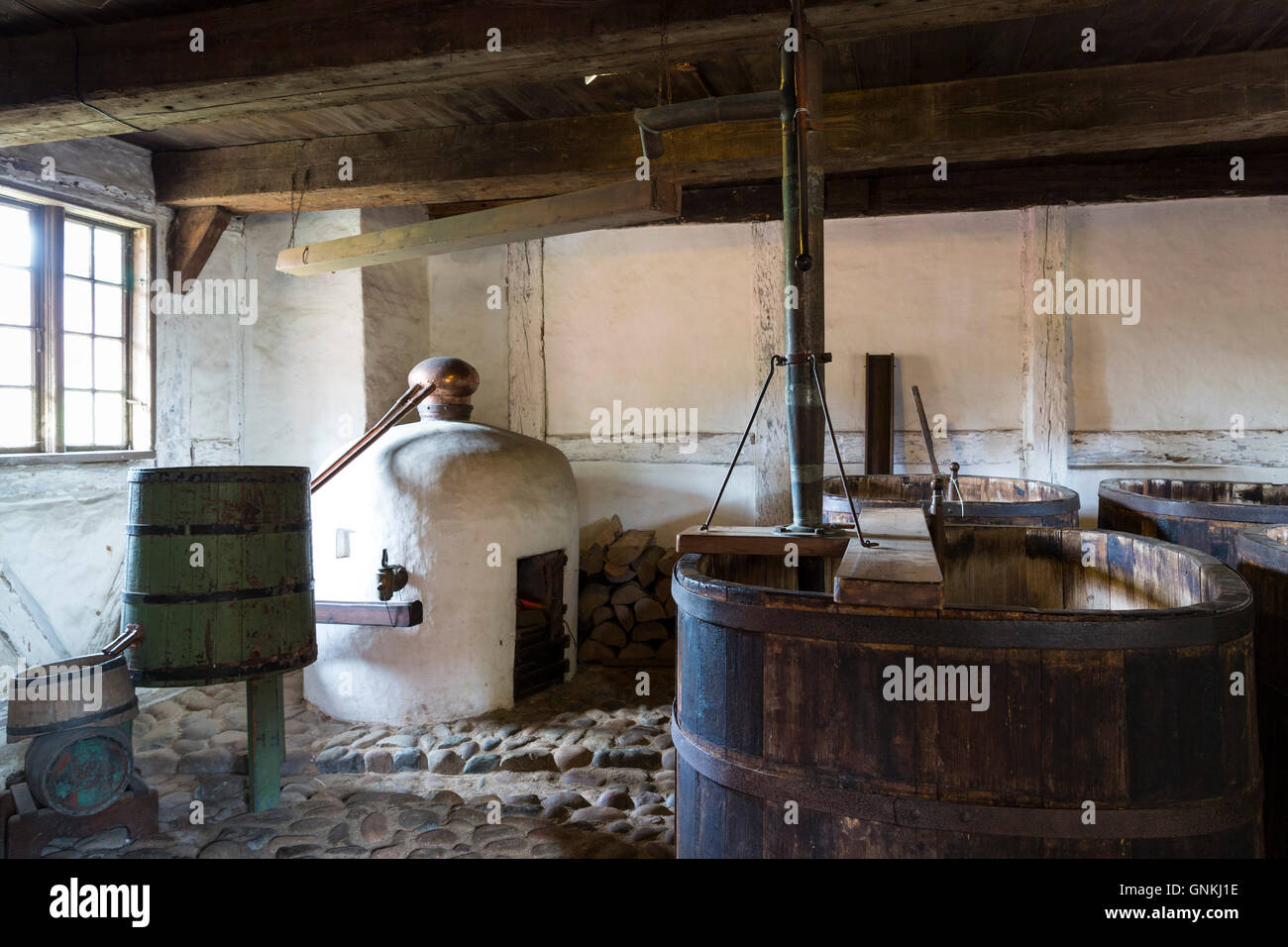 Period interior of distillery at Den Gamle By, The Old Town, folk ...