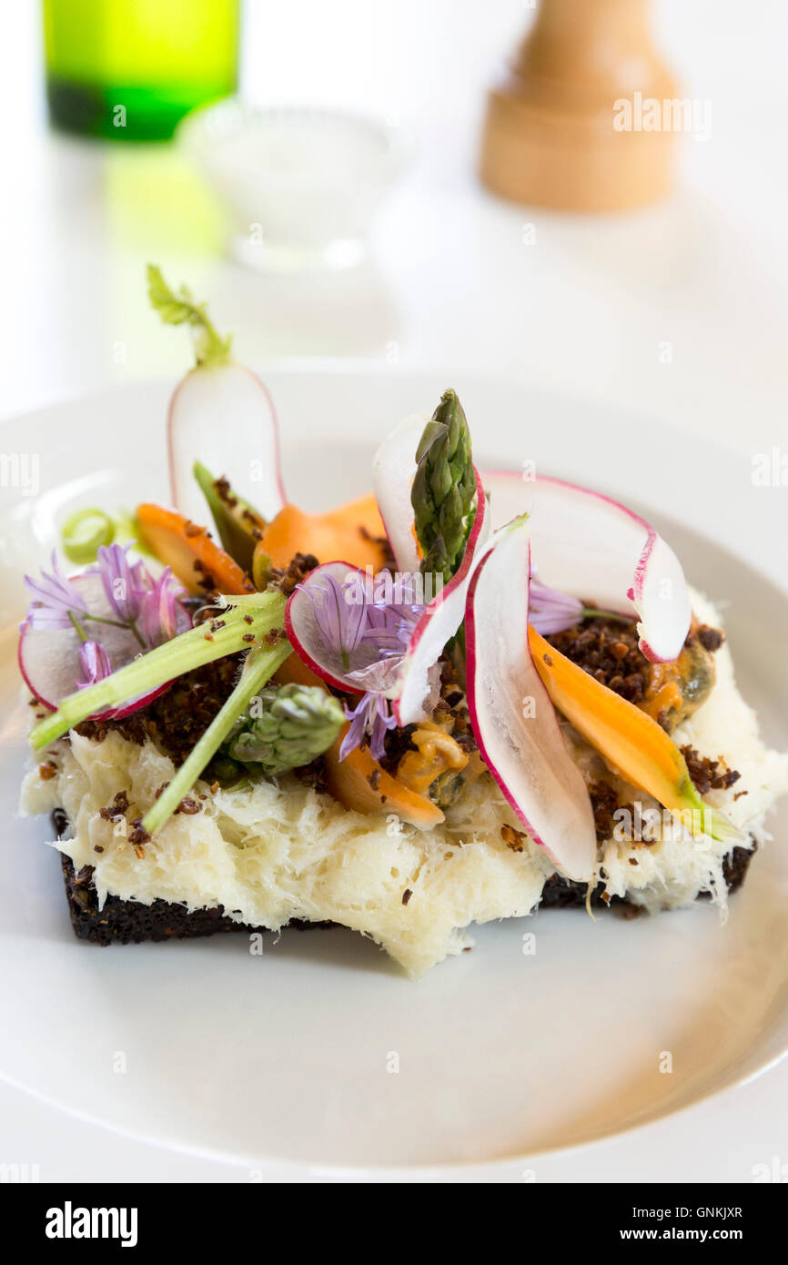 Lunch snacks cod fish Smorrebrod - smorgasbord Nordic open sandwich on ...