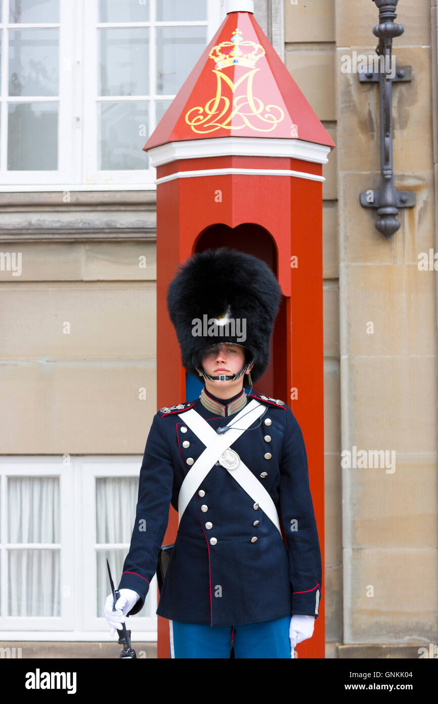 Danish army sentry soldier in uniform standing on guard at sentry box ...