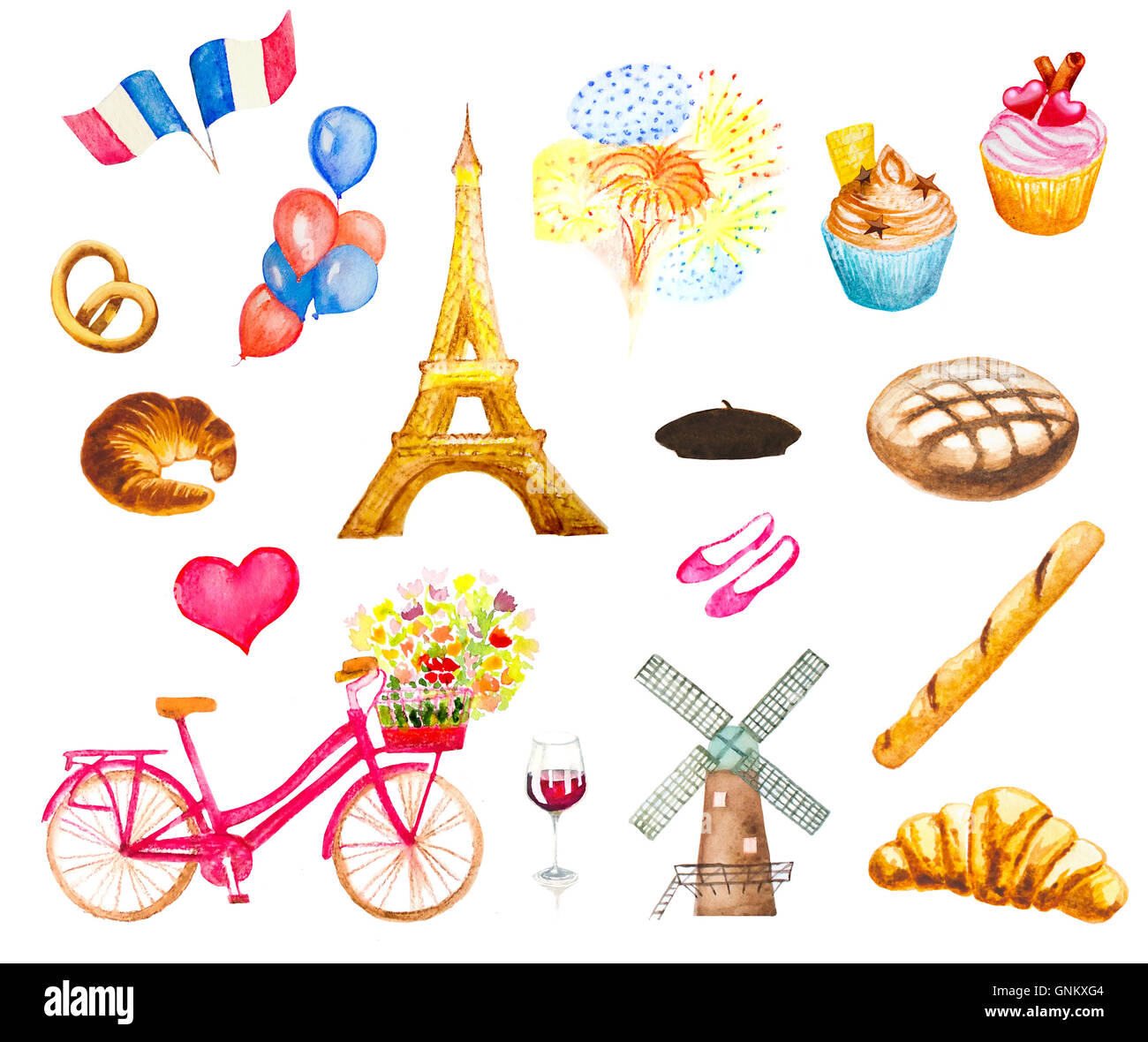 watercolor hand painted set on france, paris theme Stock Photo - Alamy