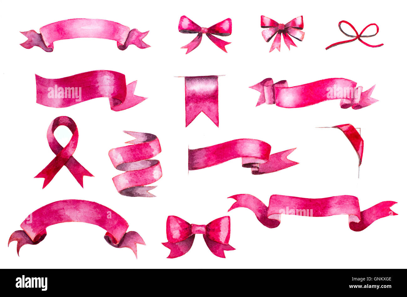 set of hand painted pink watercolor ribbons and bows Stock Photo - Alamy