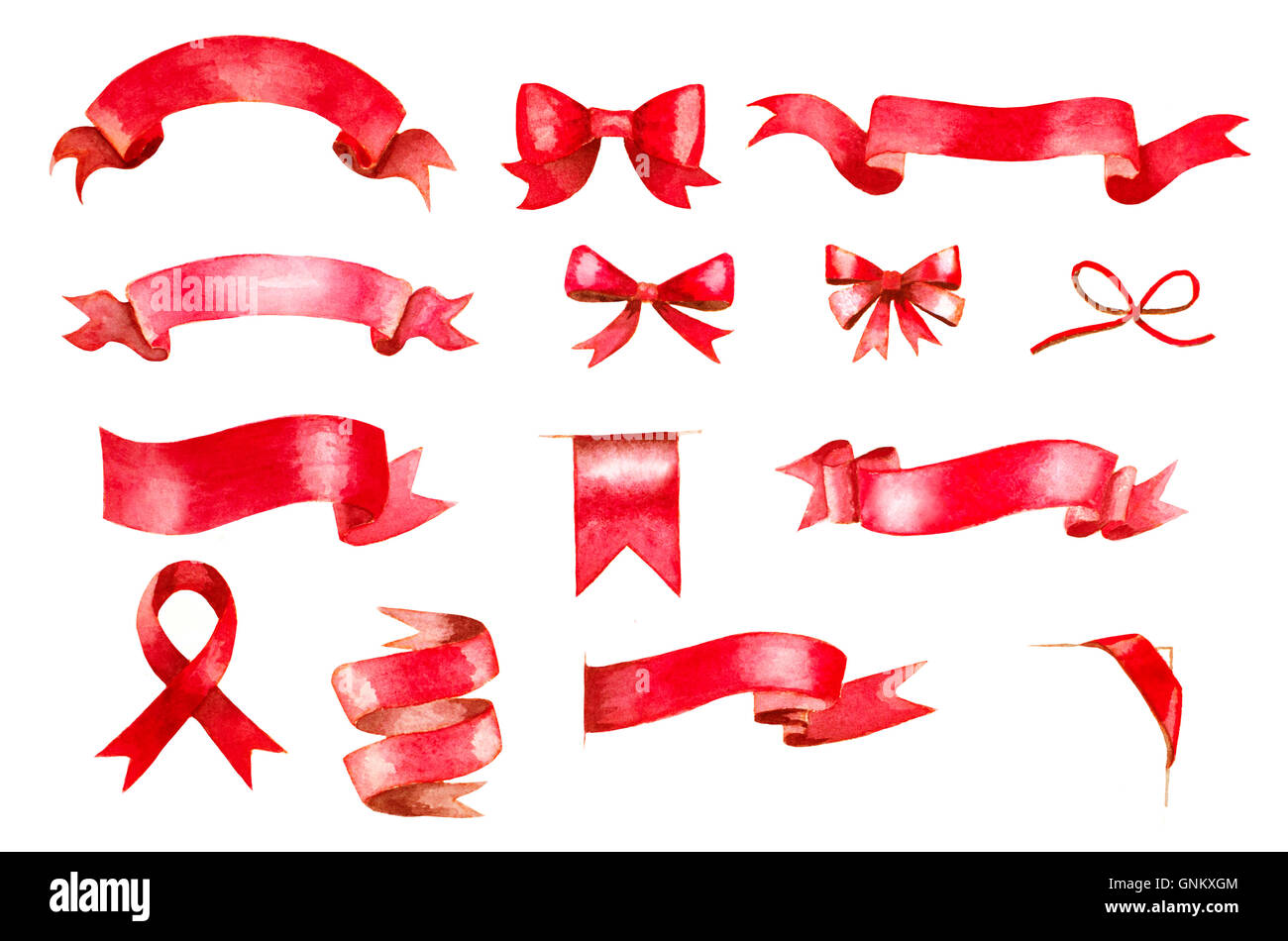 set of hand painted red watercolor ribbons and bows Stock Photo - Alamy