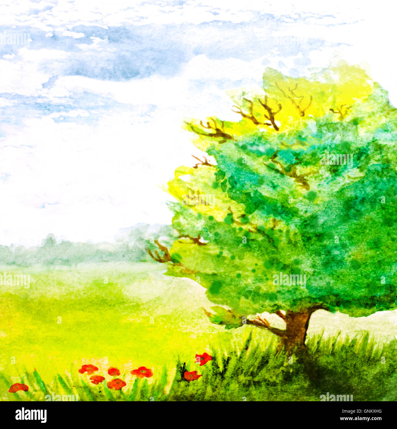 watercolor hand painted landscape with tree and flowers Stock Photo - Alamy