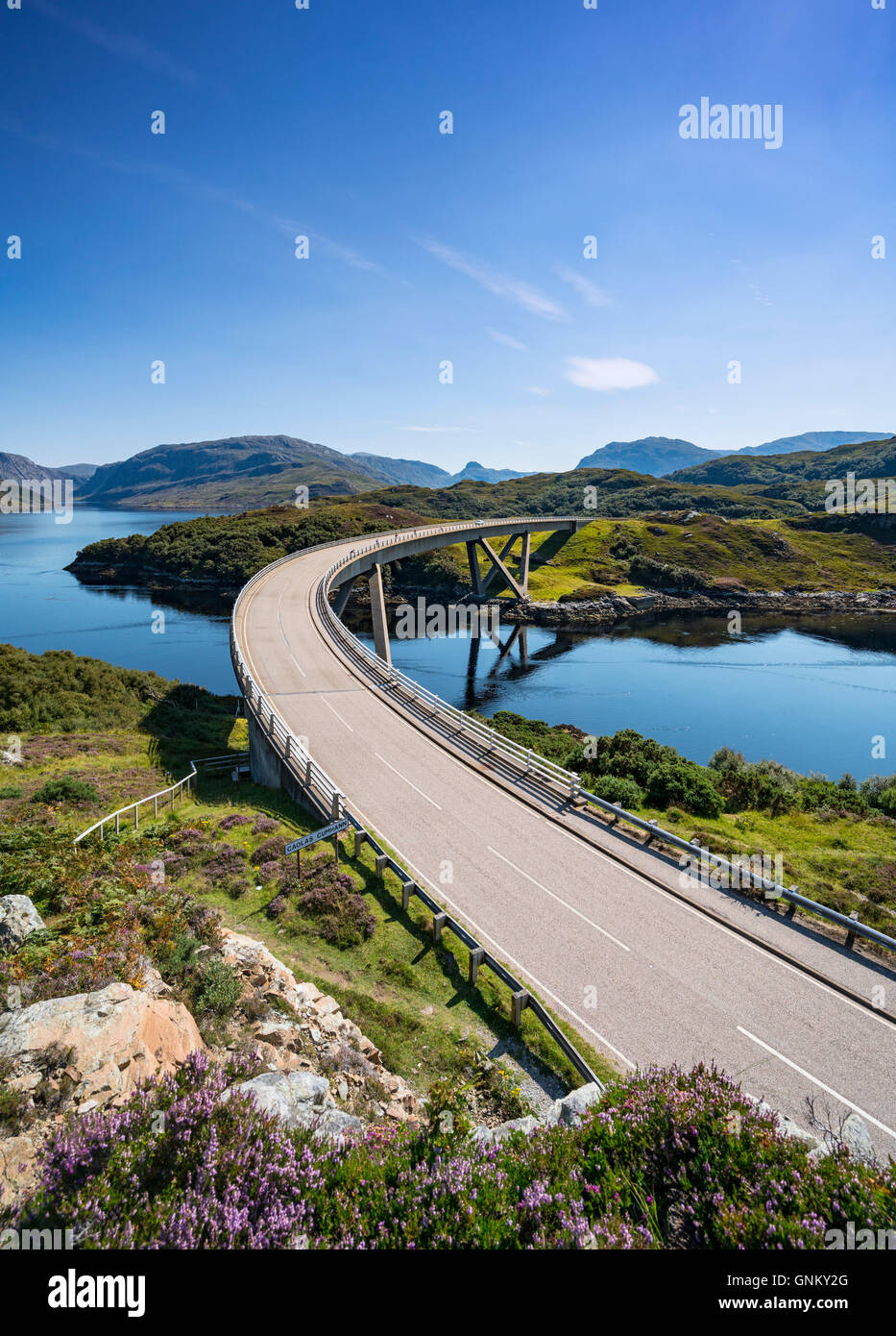 View of Kylesku Bridge on North Coast 500 tourist route in Sutherland ...