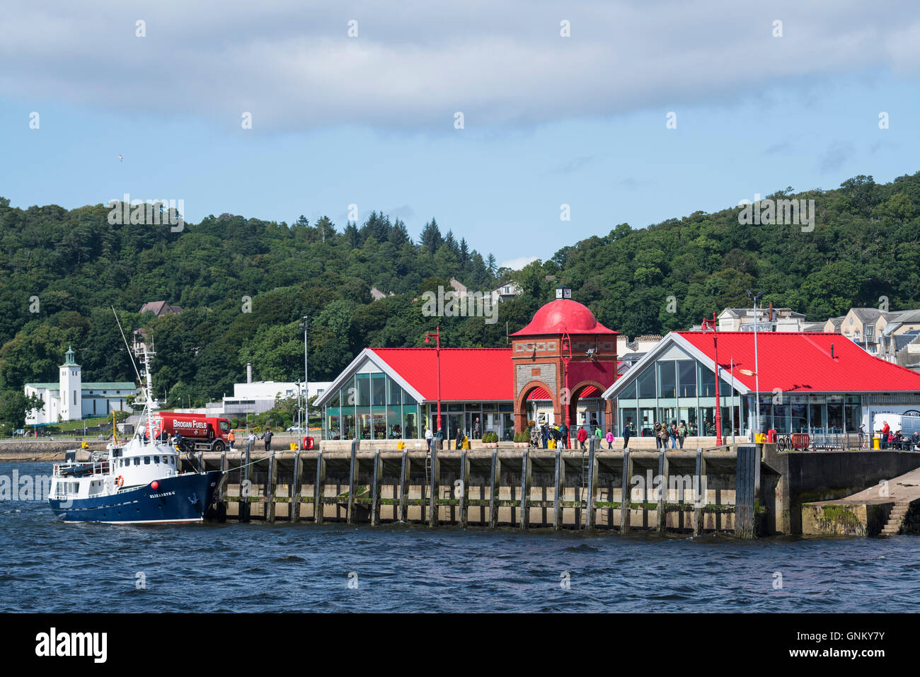 Cafes and Ee-Usk restaurant on North Pier in harbour at Oban , Argyll ...