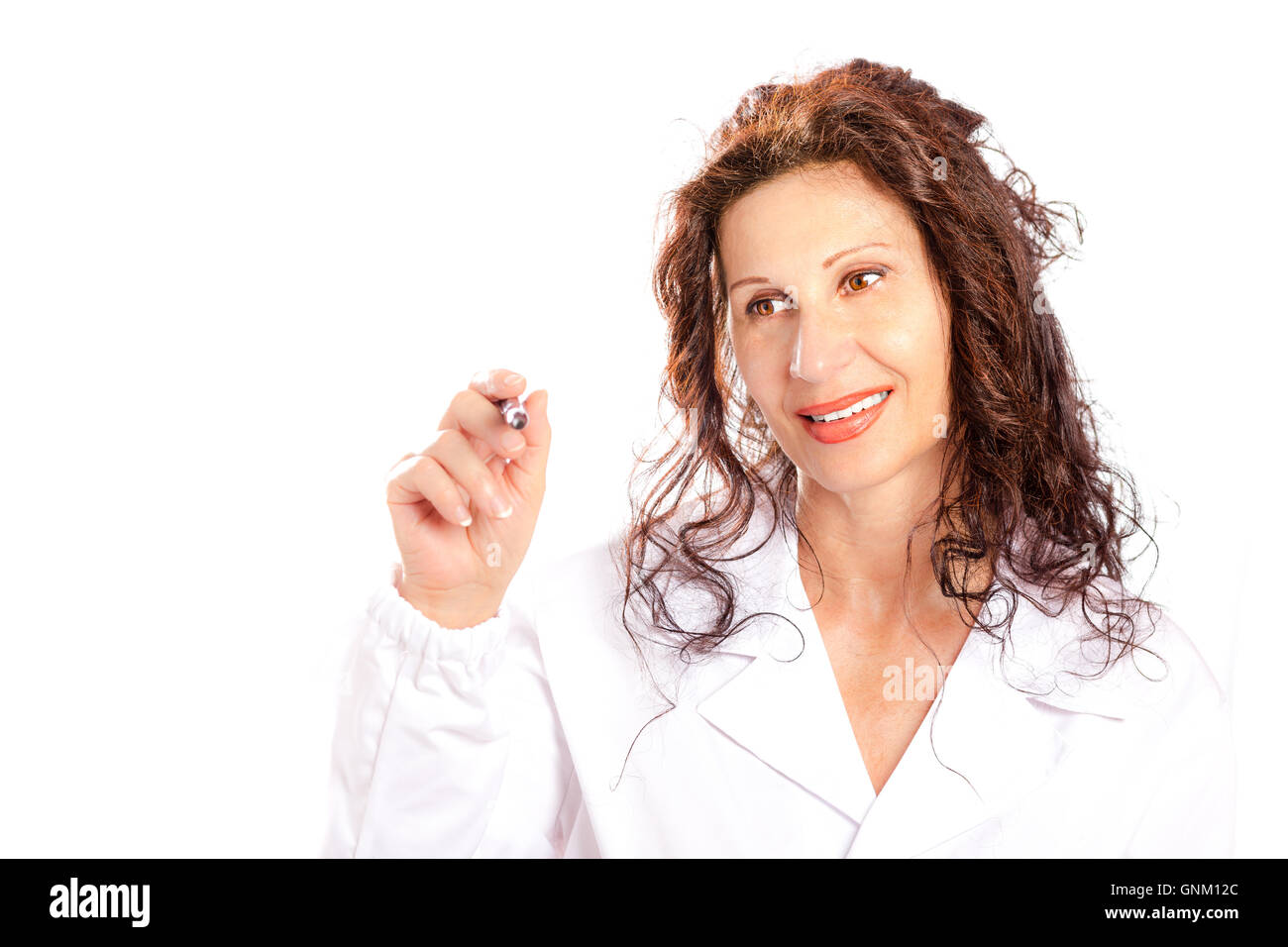 Beautiful doctor woman in medical gown writing in the air with a brown ...