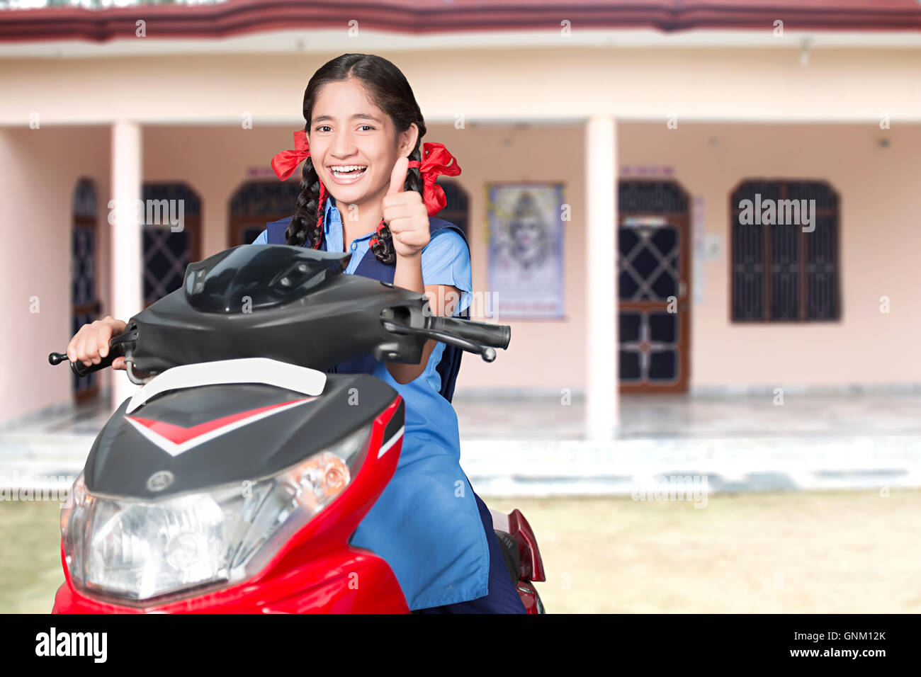 1 Young Teenager Girl Rural School Student Home Courtyard Riding Scooty ...