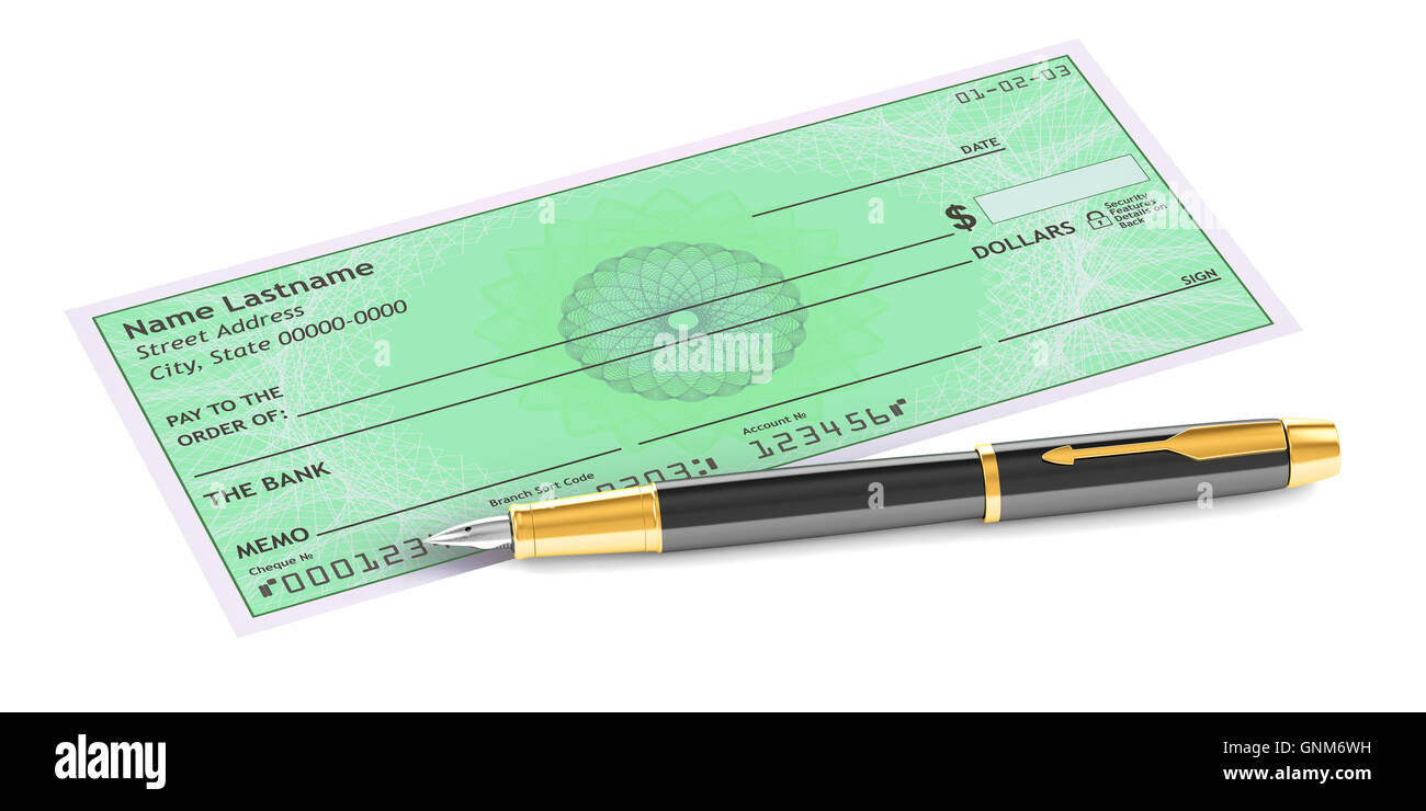 cheque with fountain pen, 3D rendering isolated on white background ...