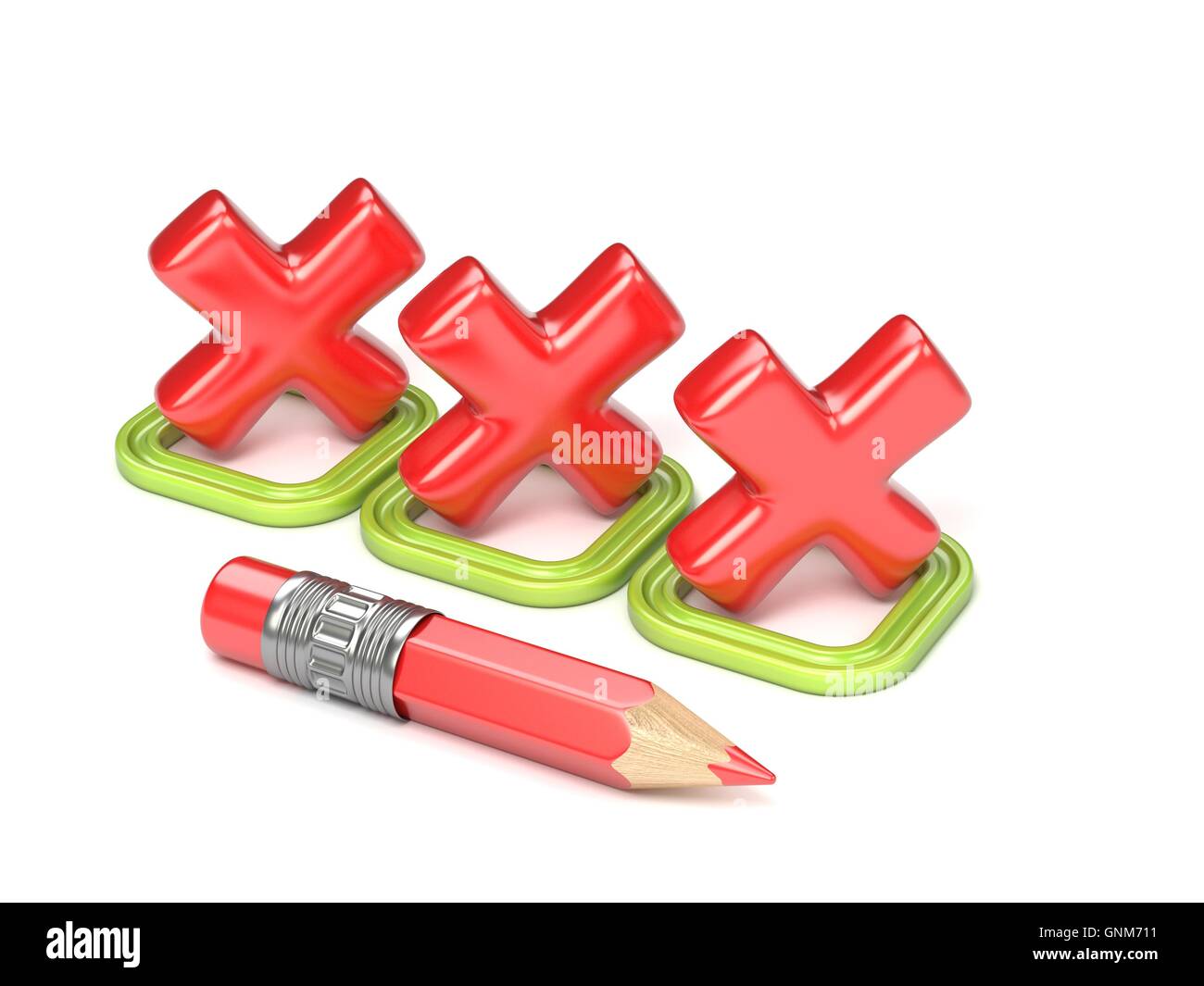 Three red incorrect check mark in green square. 3D render illustration ...