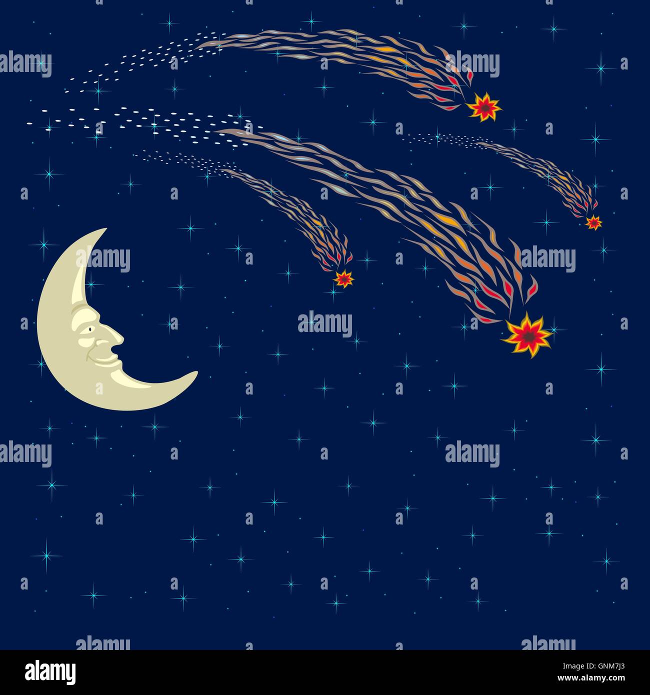 Space landscape, moon face, stars, falling comet Stock Vector Image ...