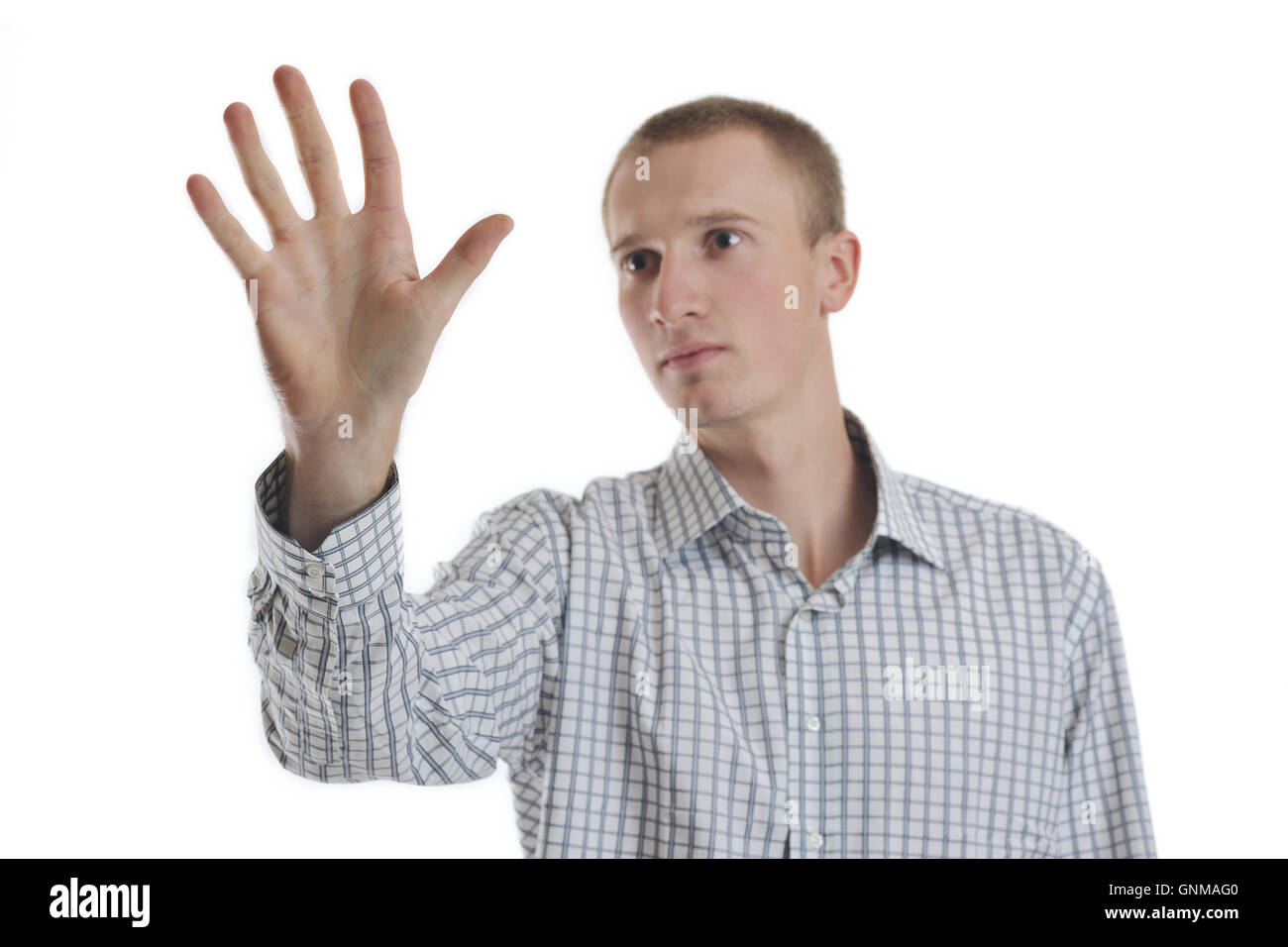 handsome young business man touching screen isolated Stock Photo - Alamy