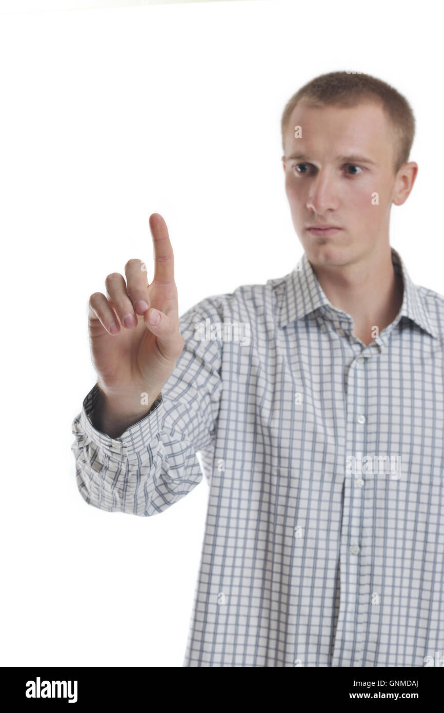 handsome young business man touching screen isolated Stock Photo - Alamy