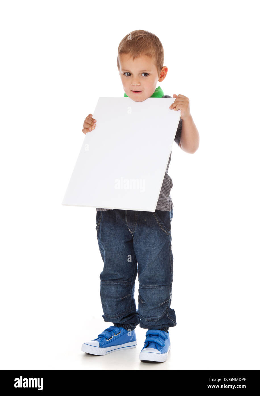 Boy holding blank white sign Stock Photo - Alamy