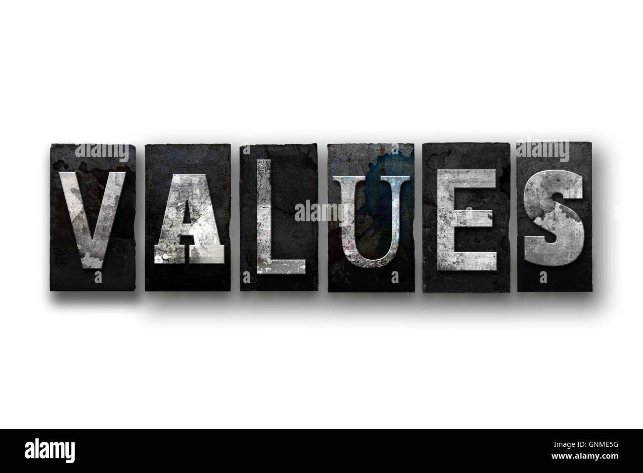 The word "VALUES" written in vintage, dirty, ink stained letterpress ...