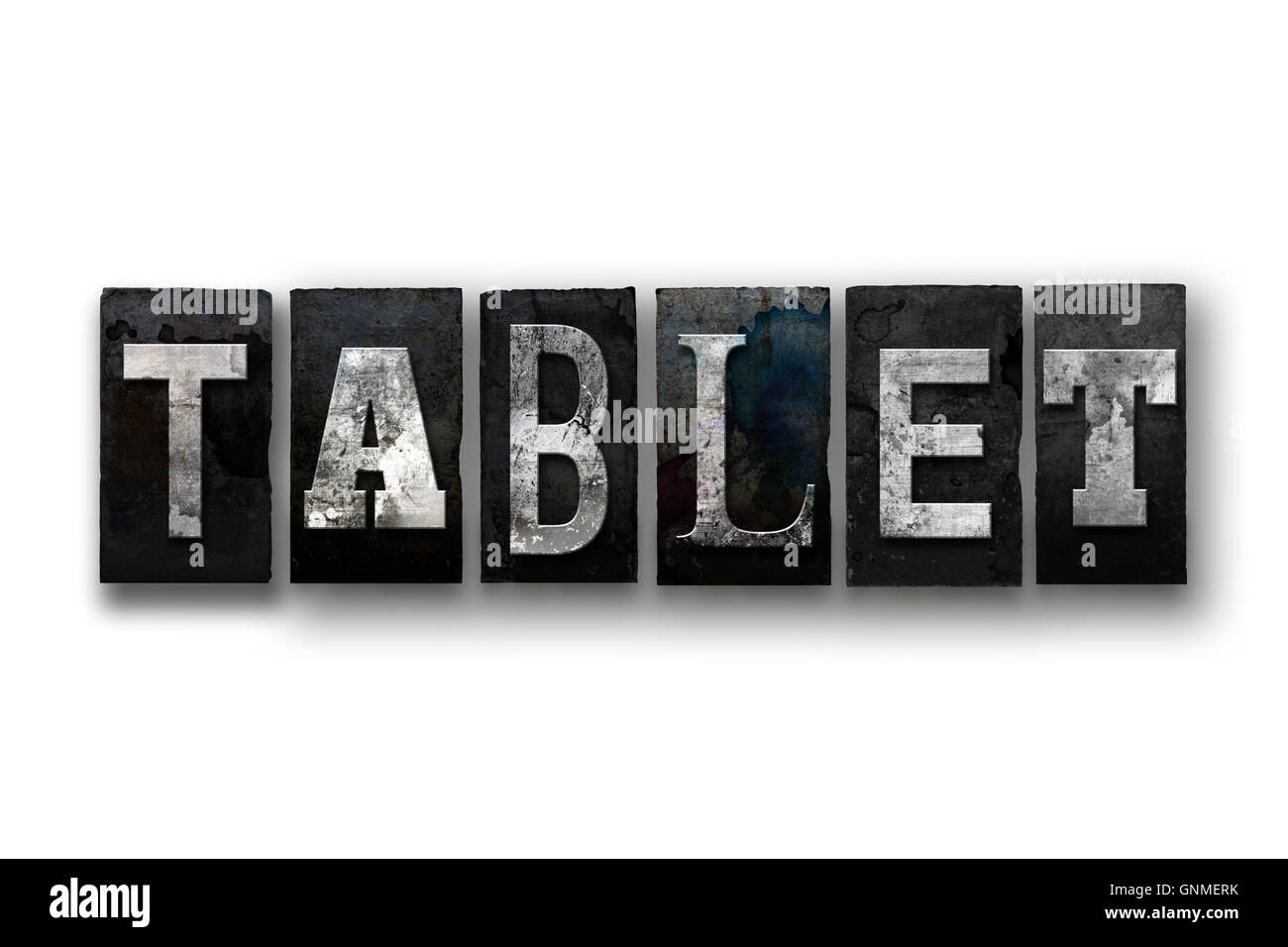The word "TABLET" written in vintage, dirty, ink stained letterpress ...