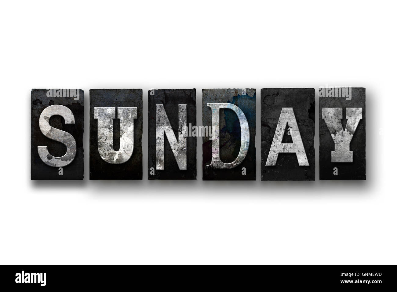The word "SUNDAY" written in vintage, dirty, ink stained letterpress ...
