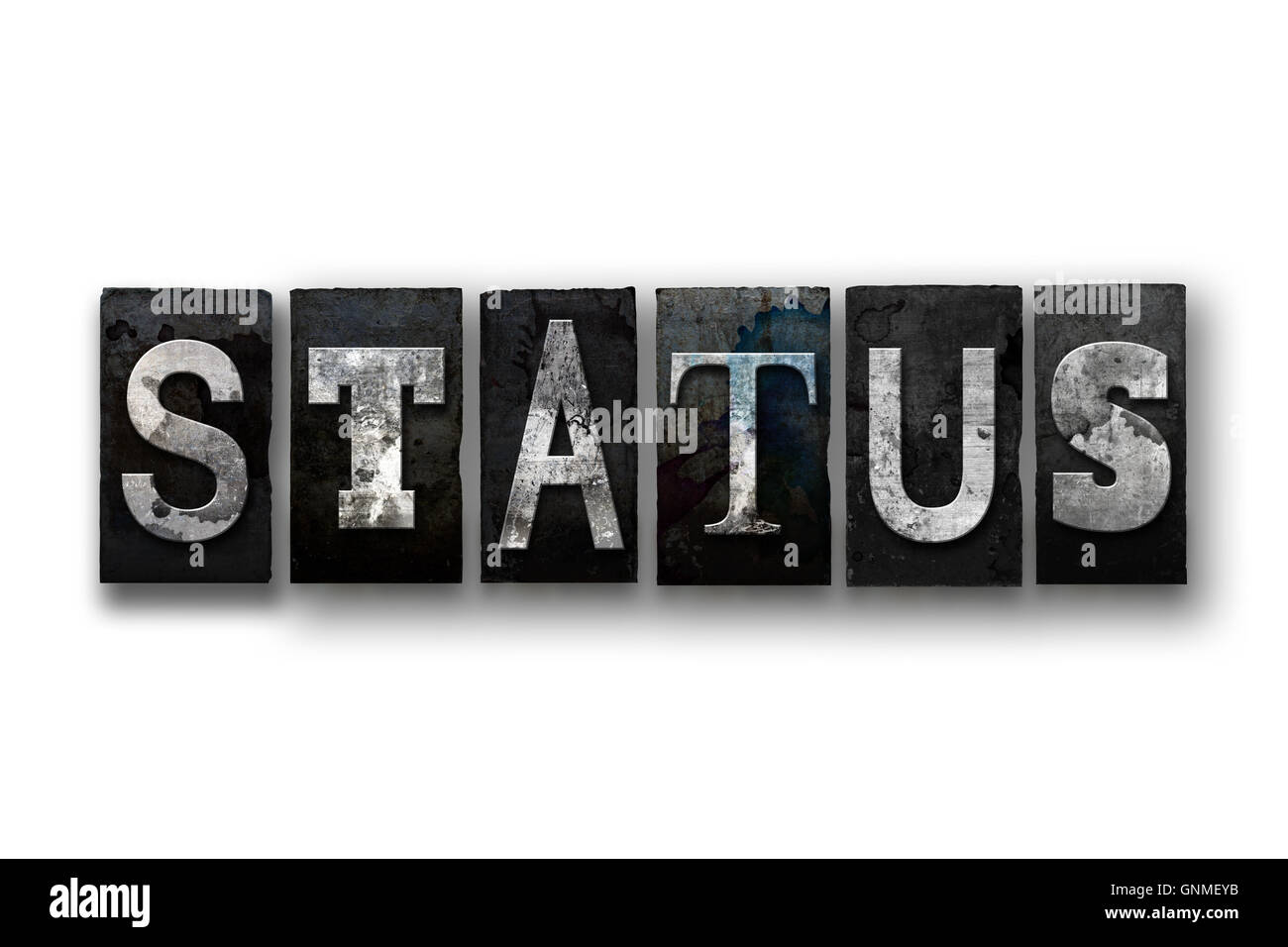The word "STATUS" written in vintage, dirty, ink stained letterpress ...