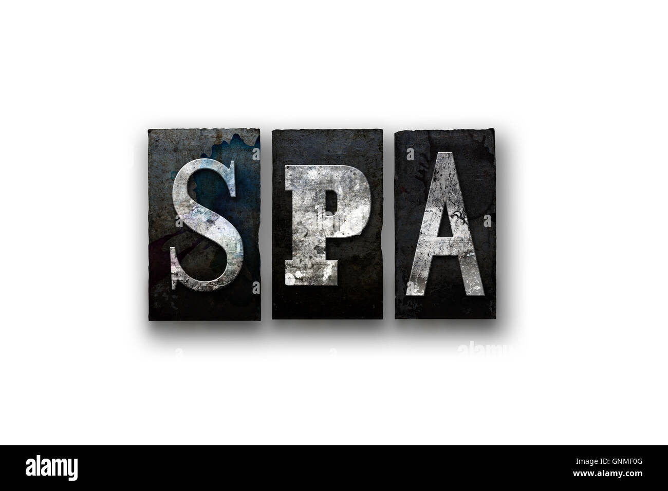 The word "SPA" written in vintage, dirty, ink stained letterpress type ...