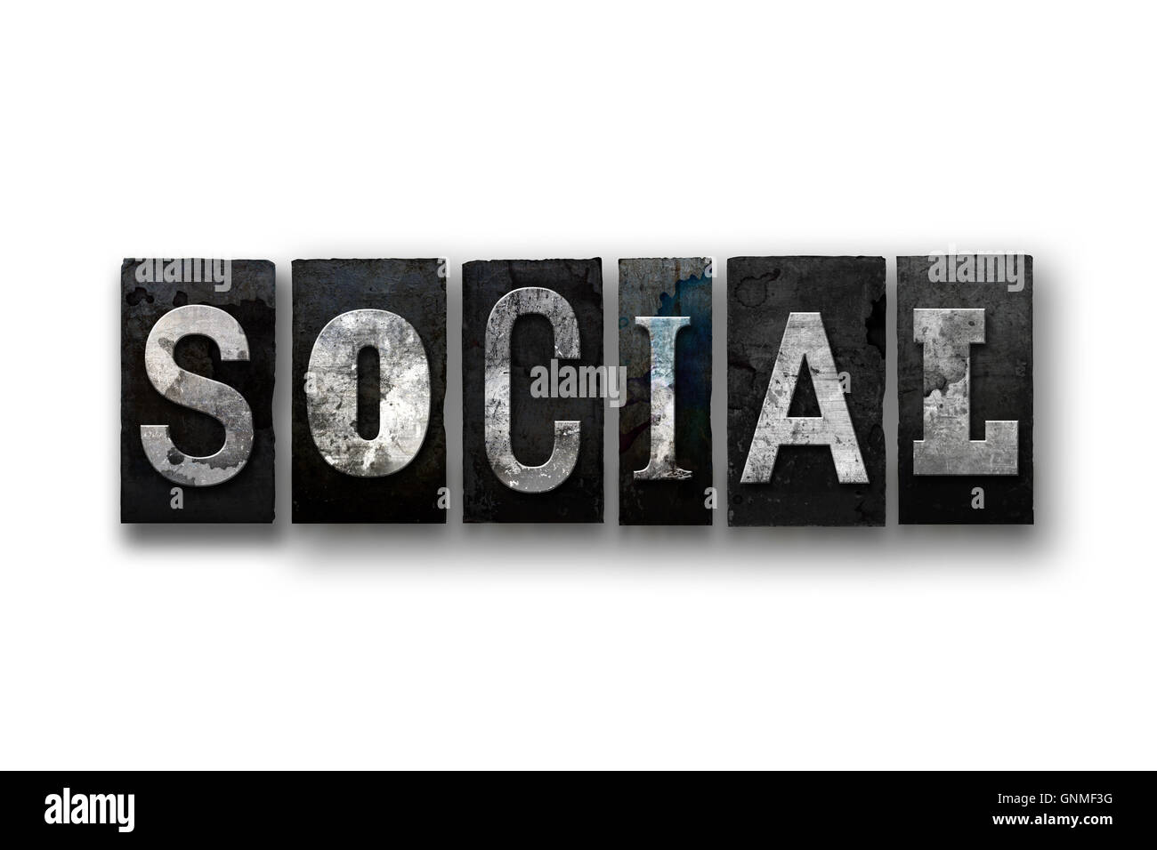 The word "SOCIAL" written in vintage, dirty, ink stained letterpress ...