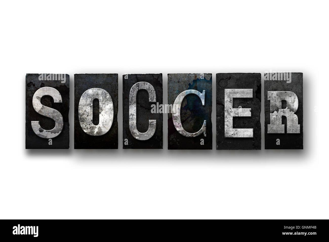The word "SOCCER" written in vintage, dirty, ink stained letterpress ...