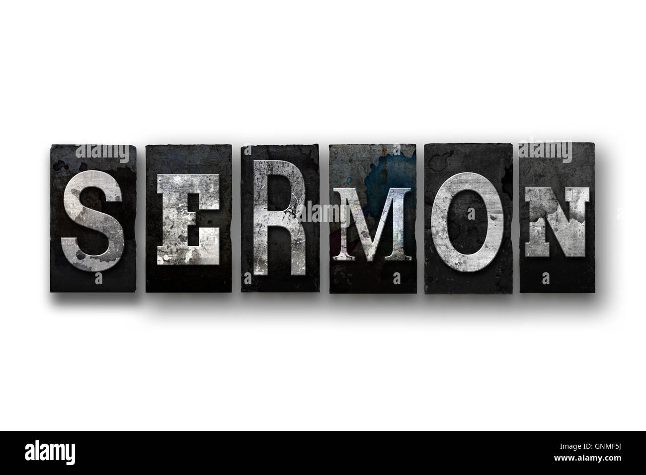 The word "SERMON" written in vintage, dirty, ink stained letterpress ...