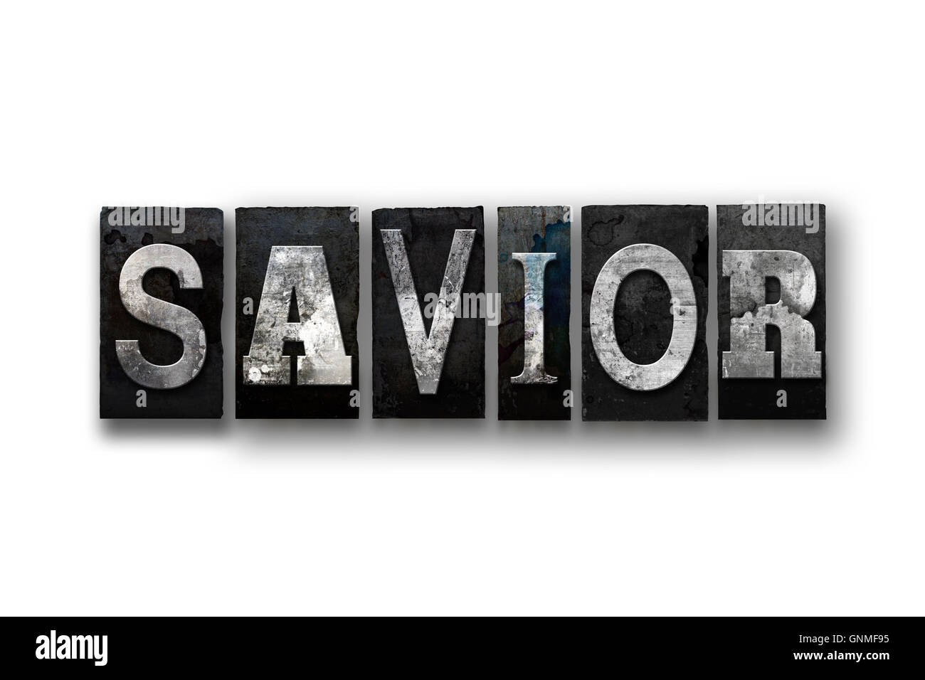 The word "SAVIOR" written in vintage, dirty, ink stained letterpress ...