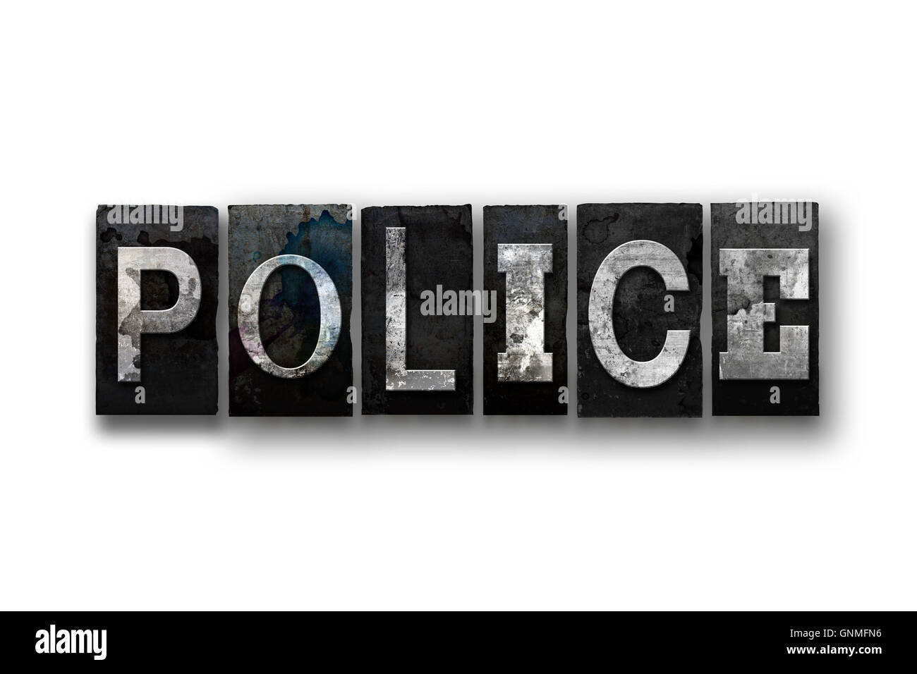 The word "POLICE" written in vintage, dirty, ink stained letterpress ...