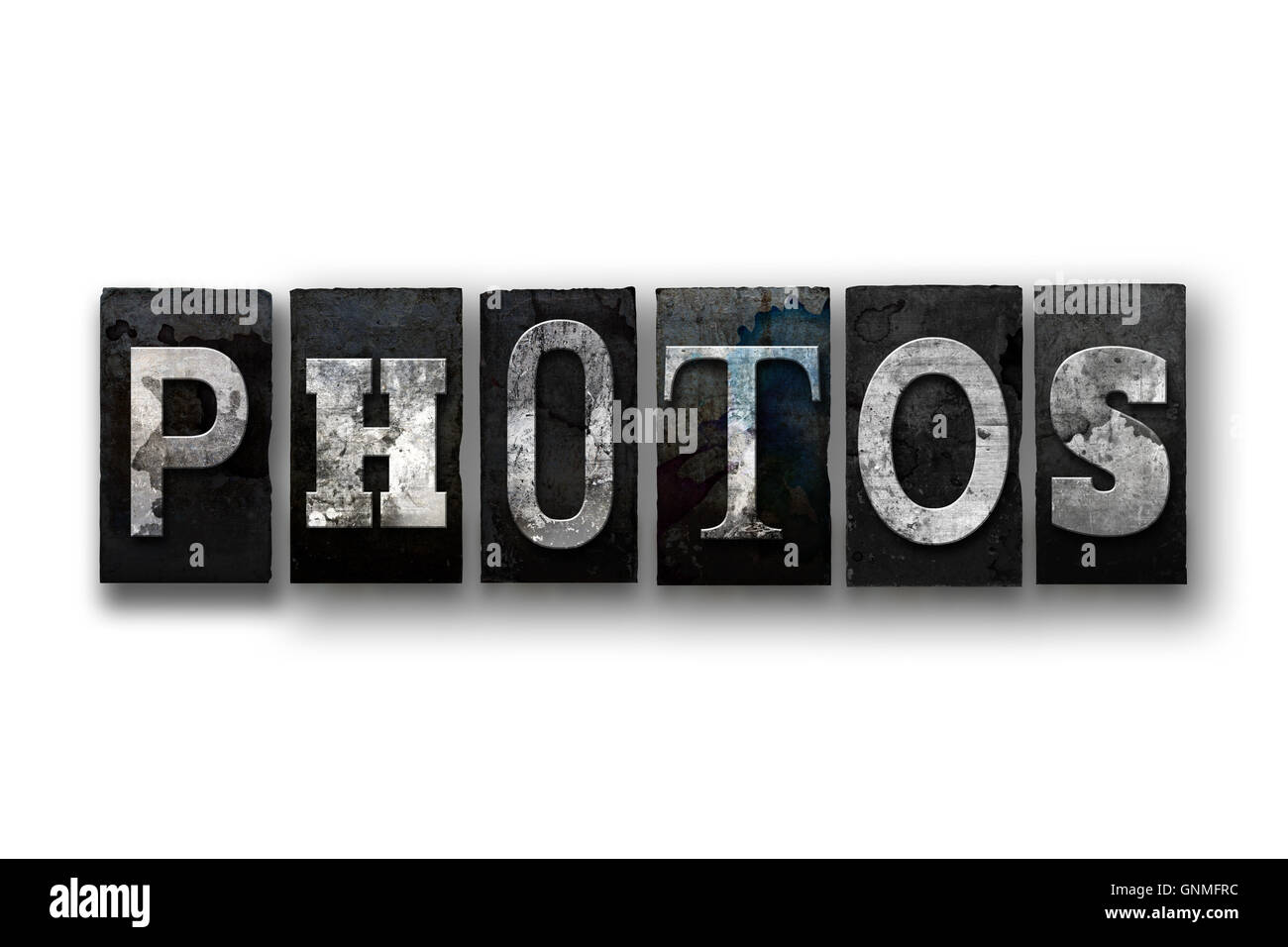 The word "PHOTOS" written in vintage, dirty, ink stained letterpress ...