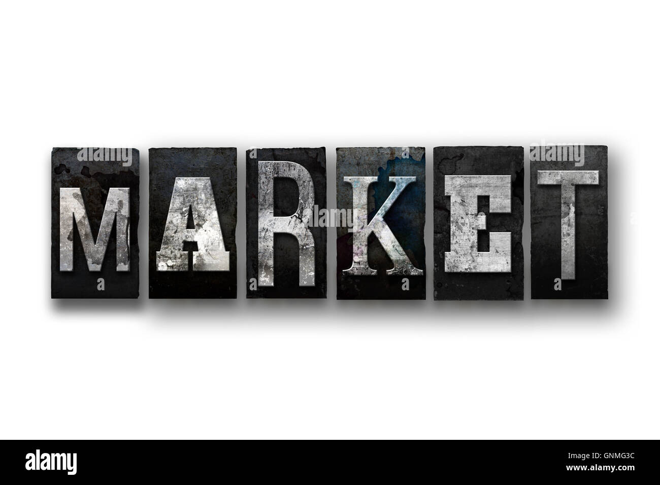 The word "MARKET" written in vintage, dirty, ink stained letterpress ...