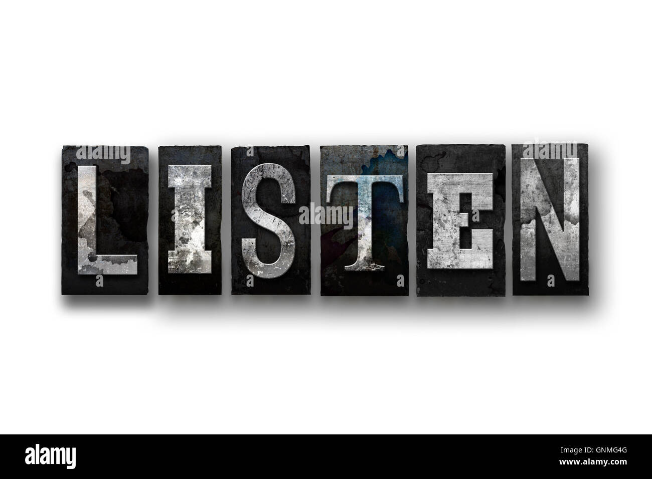 The word "LISTEN" written in vintage, dirty, ink stained letterpress ...