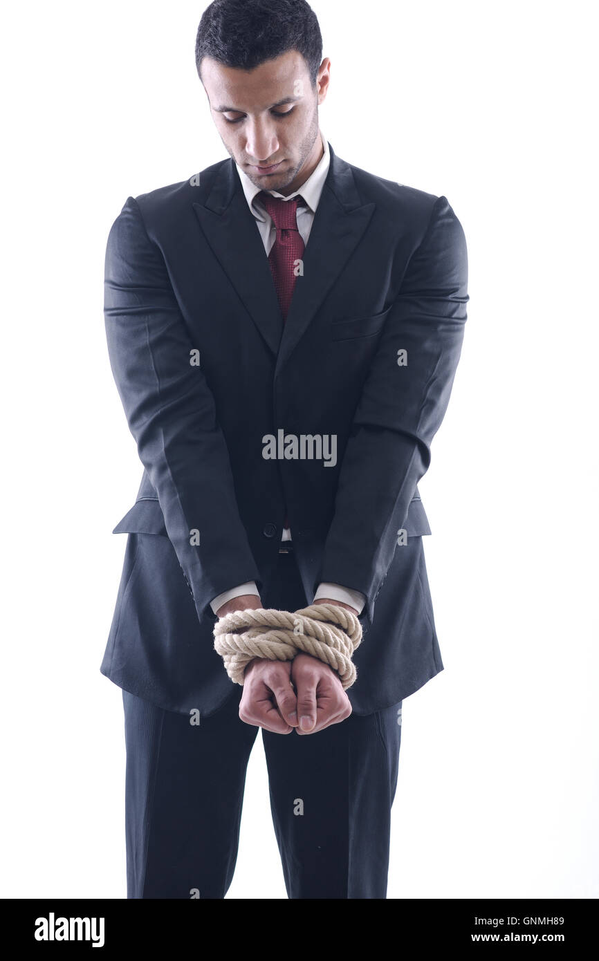business man with rope isolated on white background Stock Photo - Alamy