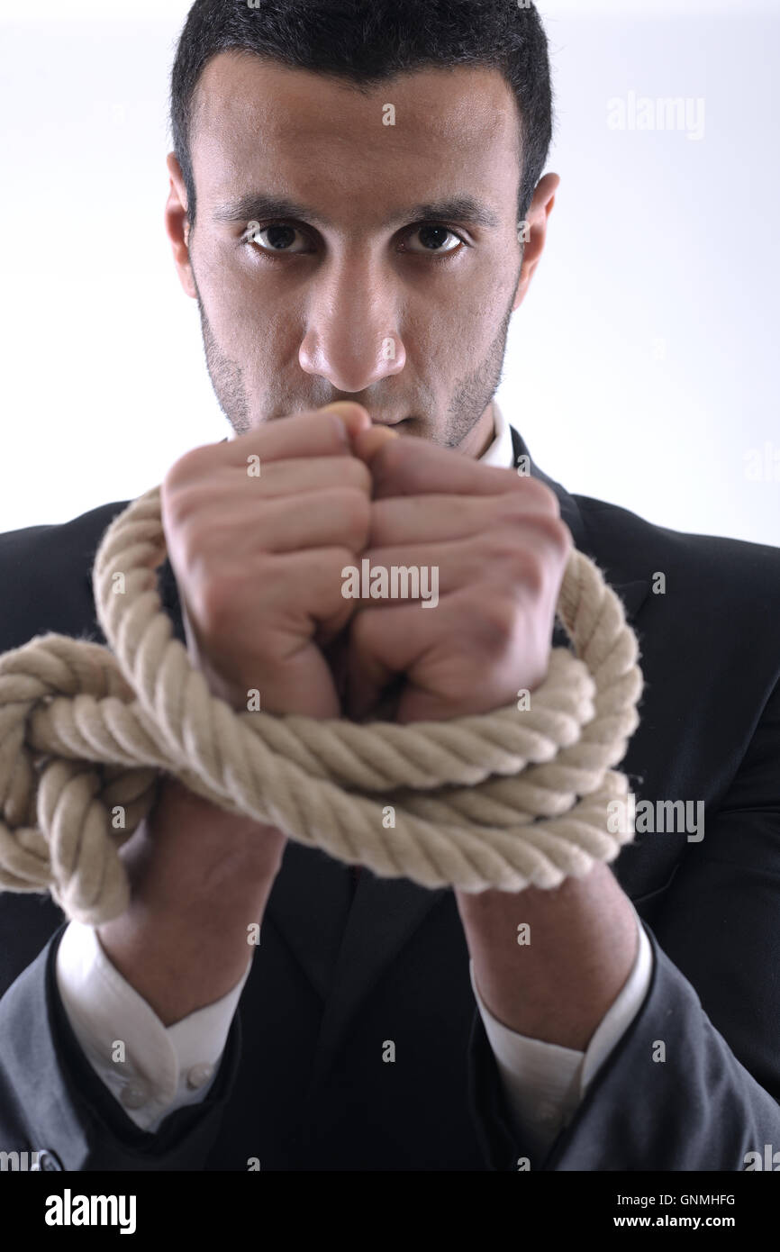 business man with rope isolated on white background Stock Photo - Alamy