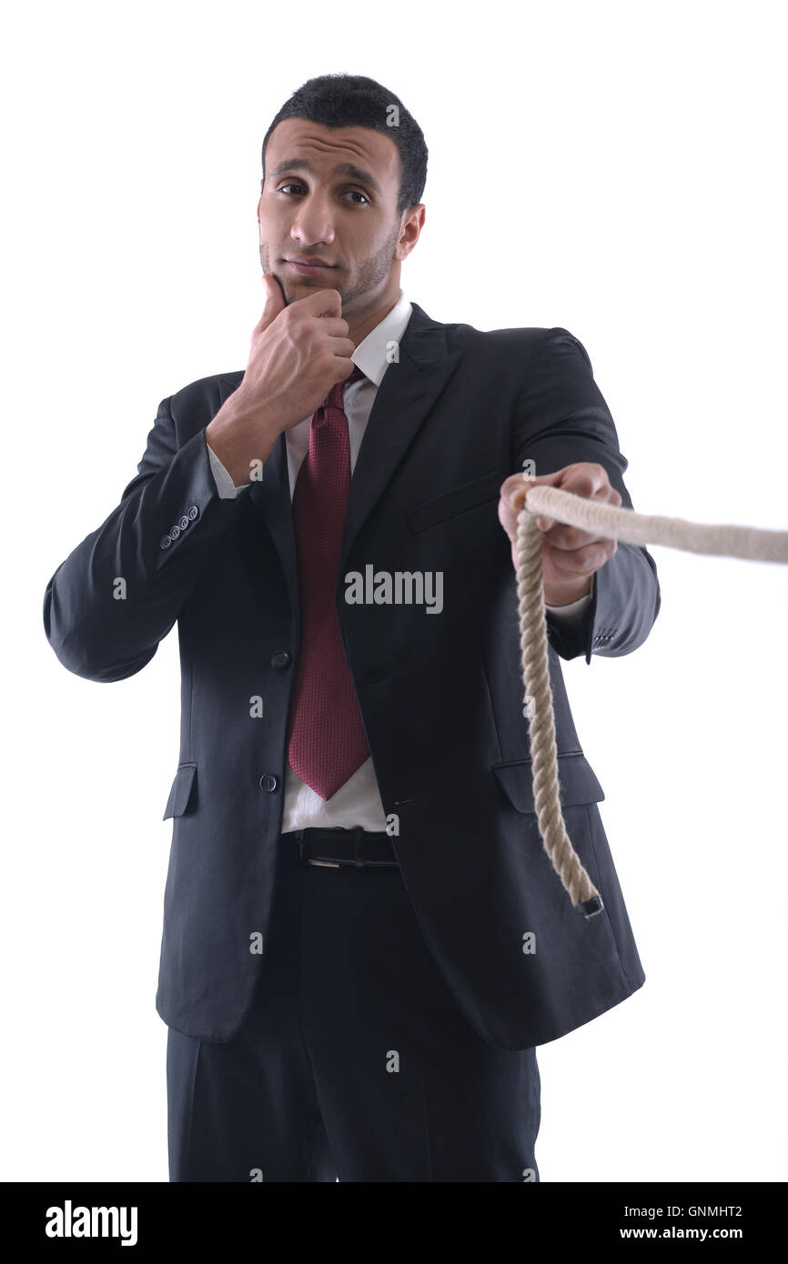 business man with rope isolated on white background Stock Photo - Alamy