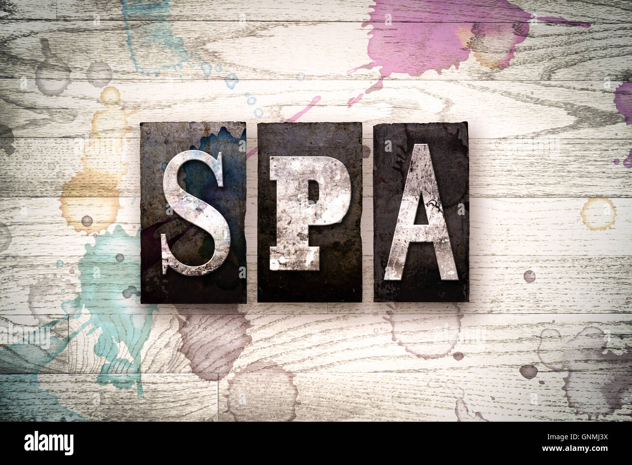 The word "SPA" written in vintage, dirty metal letterpress type on a ...