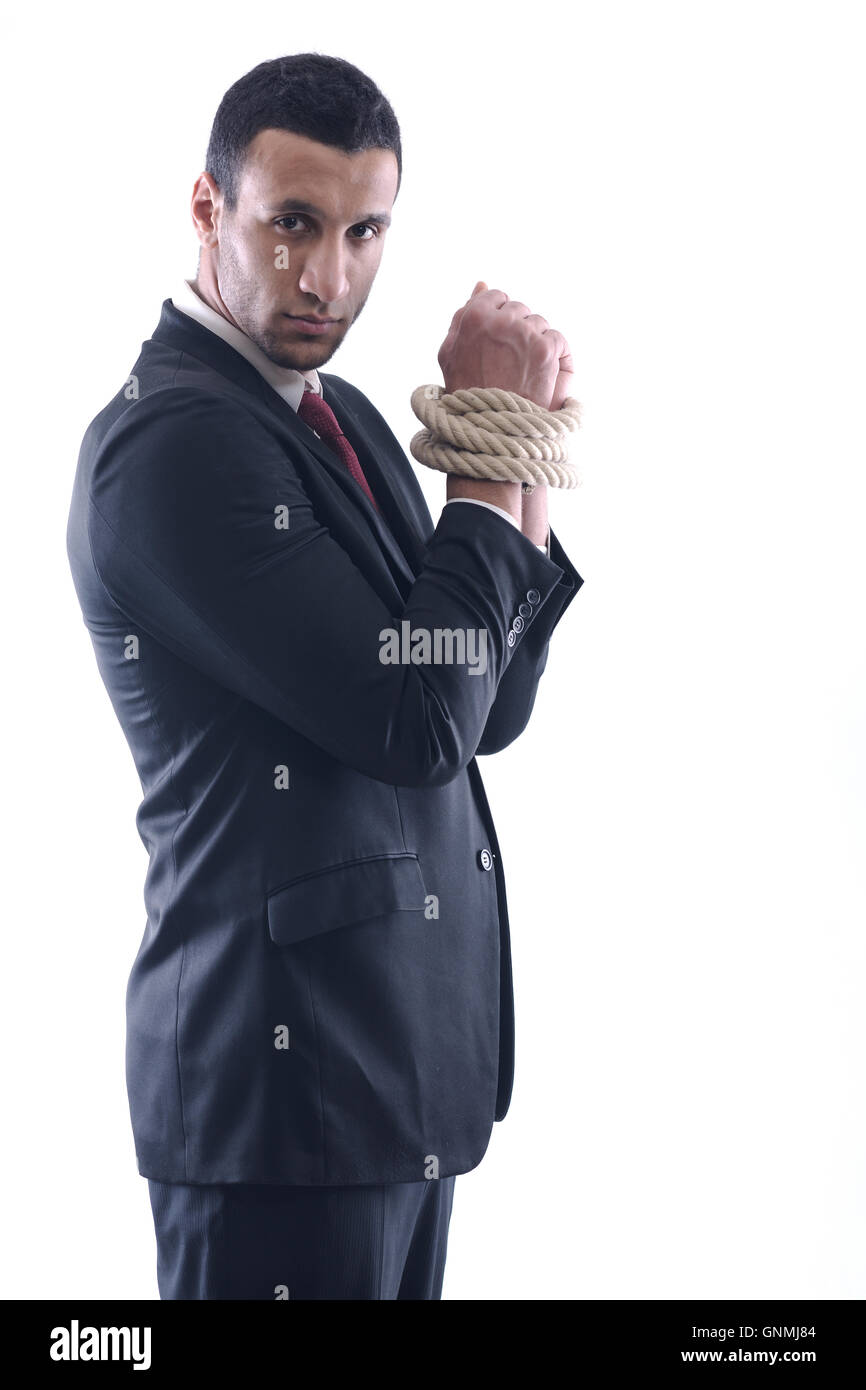 business man with rope isolated on white background Stock Photo - Alamy