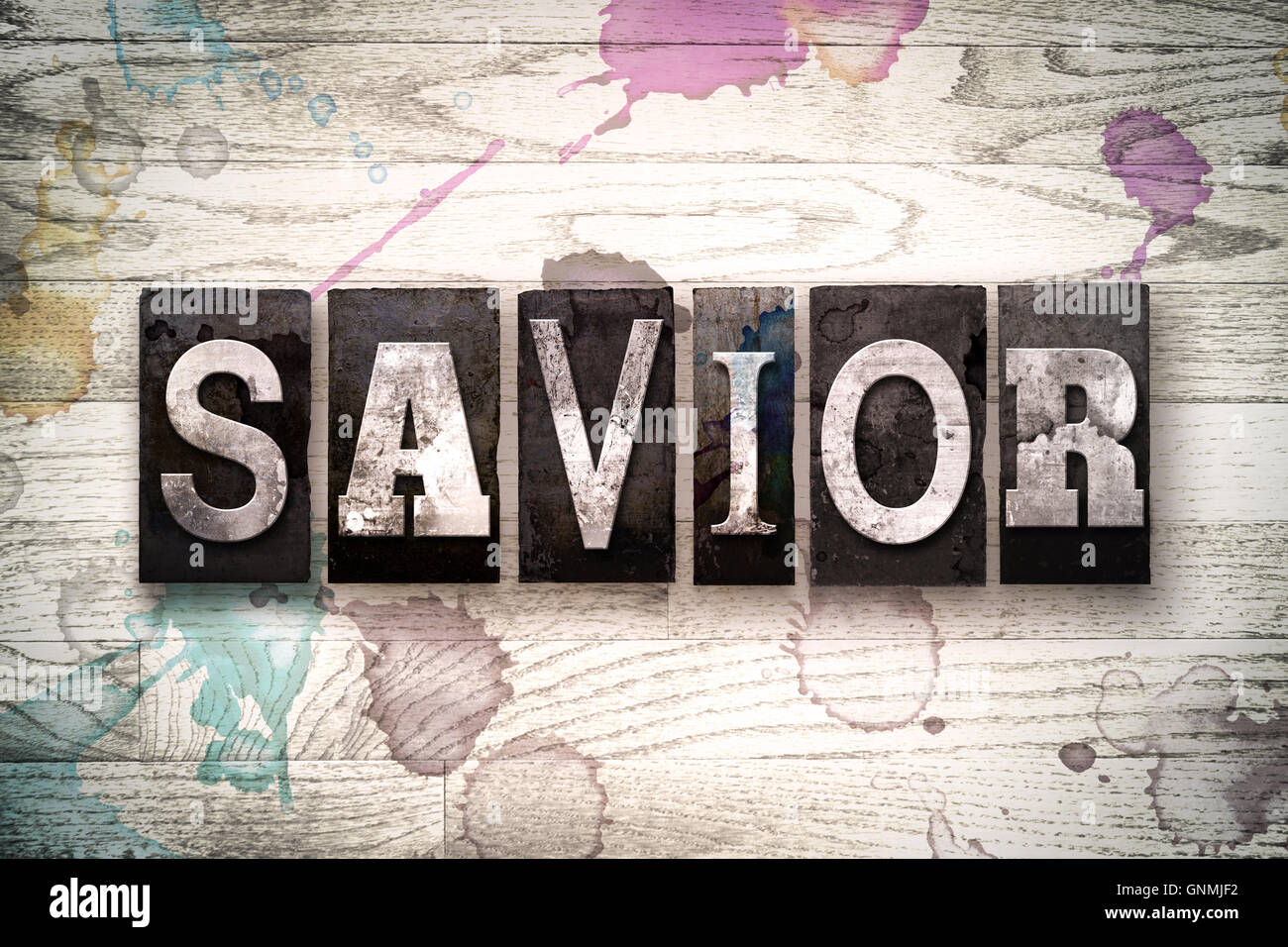 The word "SAVIOR" written in vintage, dirty metal letterpress type on a ...