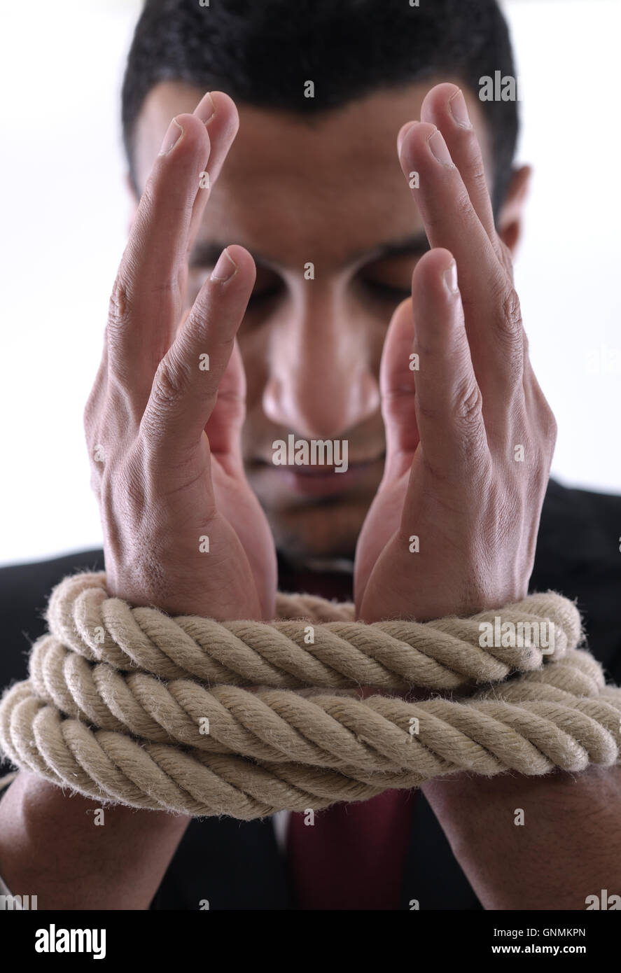 business man with rope isolated on white background Stock Photo - Alamy