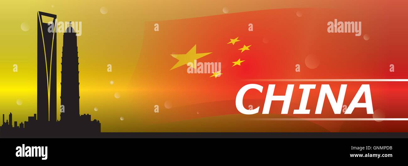 Colored banner with text, the chinese flag and a pair of silhouettes of ...